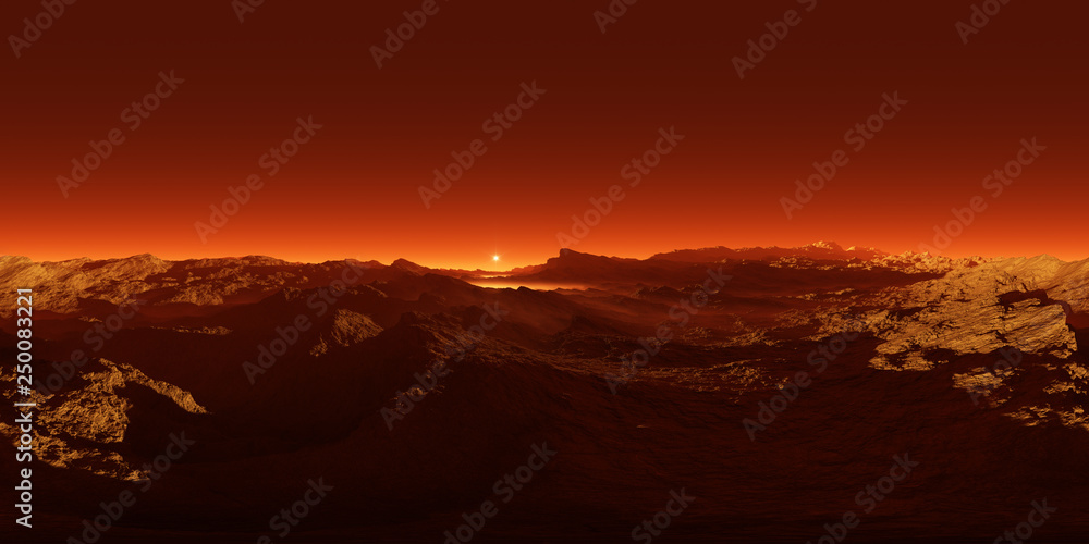 Ilustração 360 degree panorama of sunset on Mars, environment 360 HDRI ...