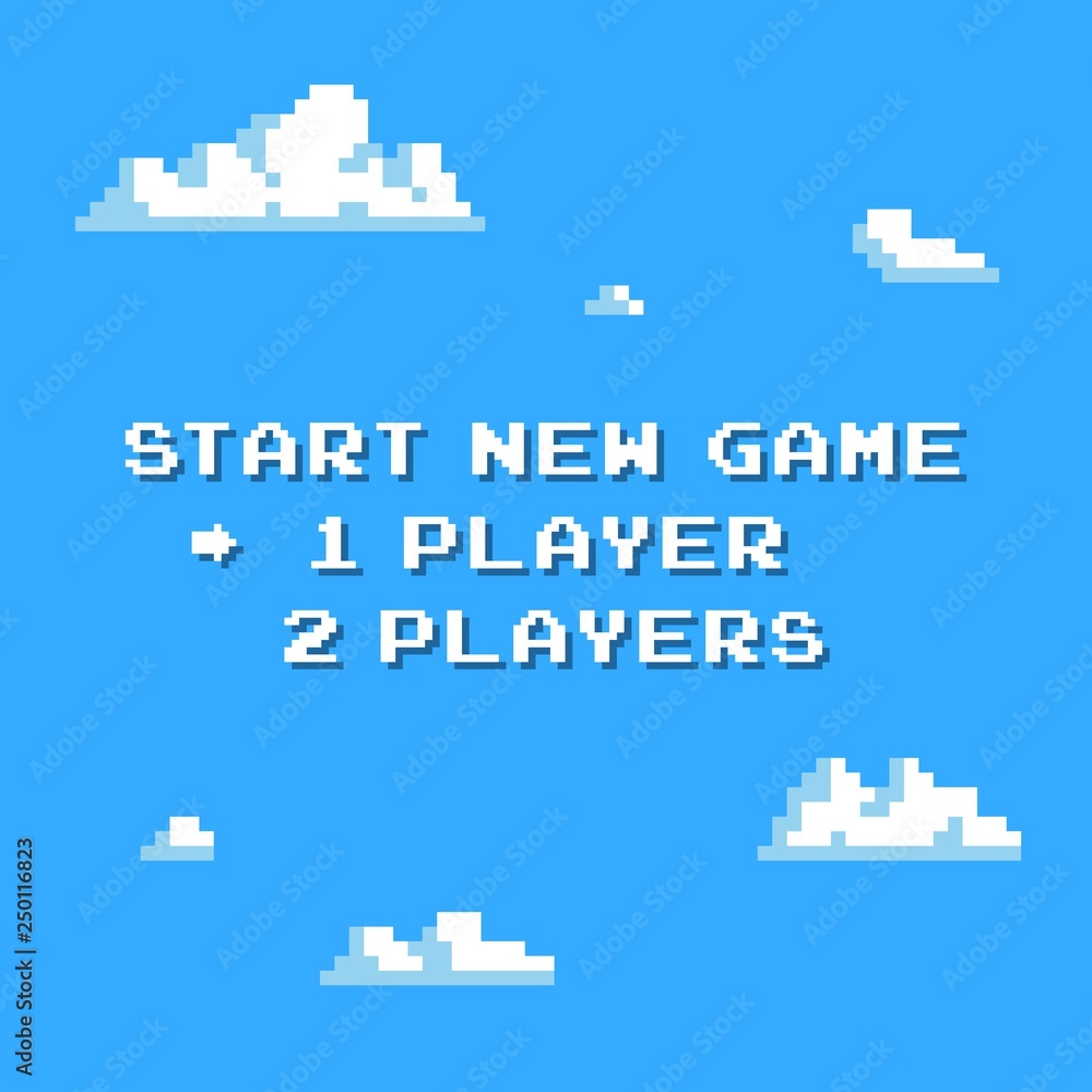 Pixel art start new game background with clouds 8-bit - isolated vector ...