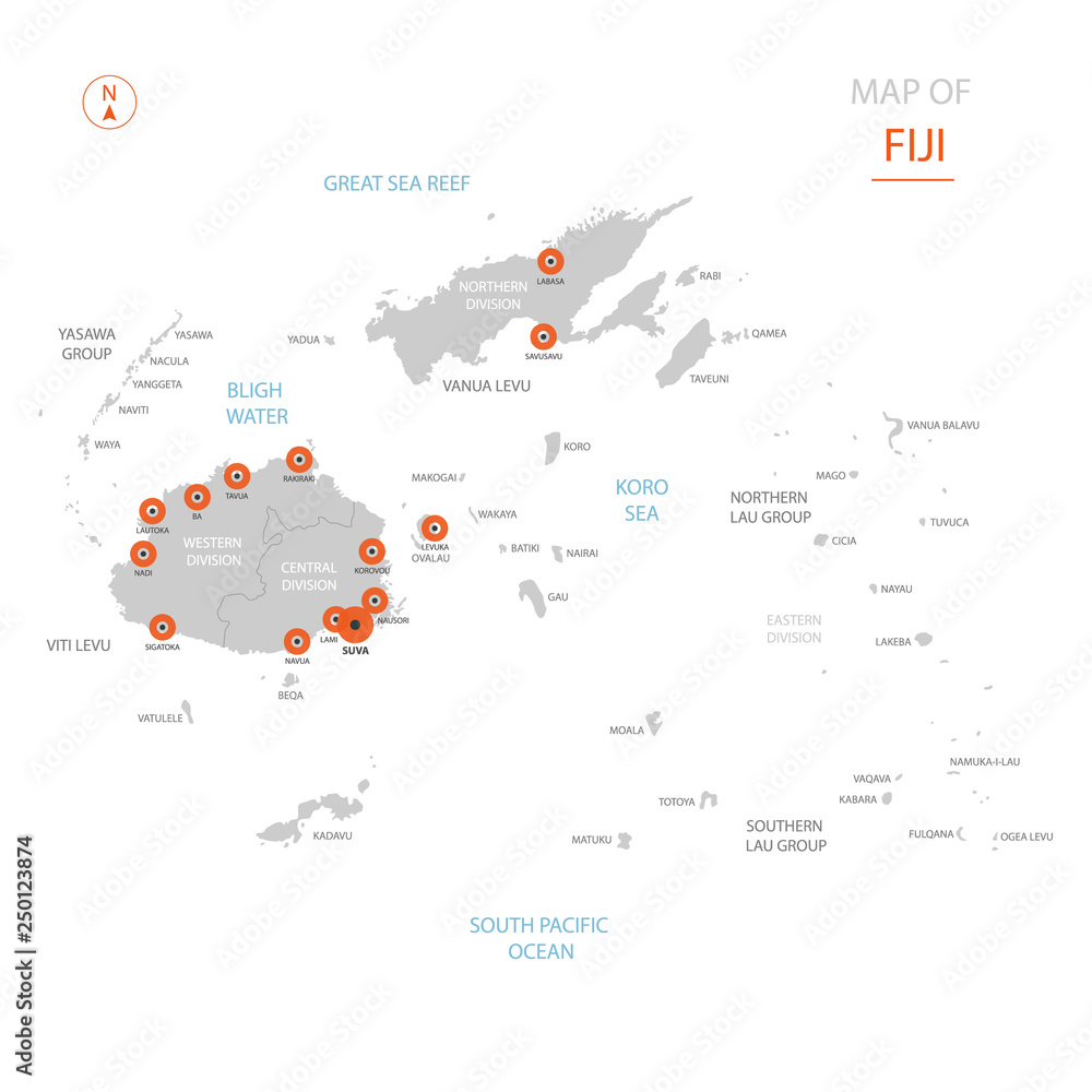 Stylized vector Fiji map showing big cities, capital Suva ...