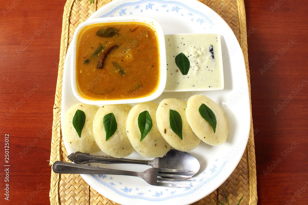 Popular South indian breakfast food Idli sambar or Idly sambhar made ...