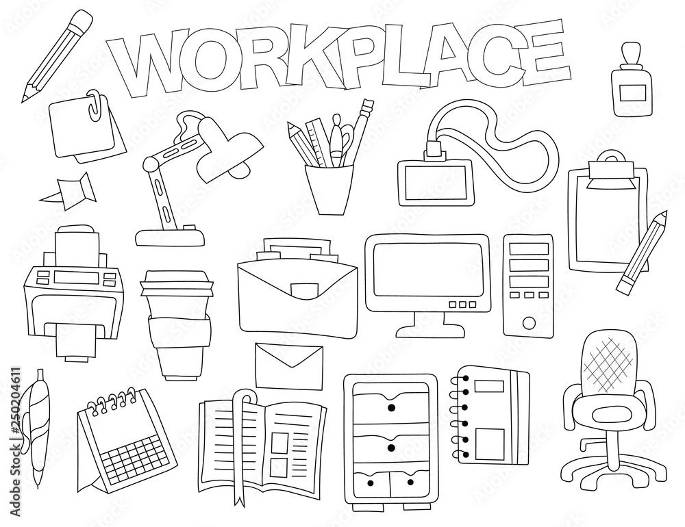 Workplace set of icons and objects. Hand drawn doodle coffee supplies ...