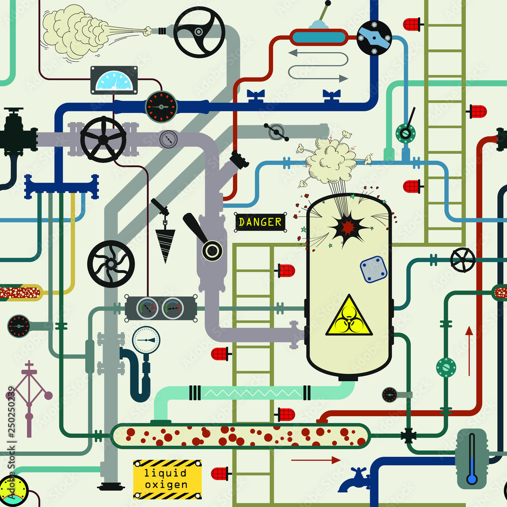 Chemical laboratory with pressure pipes and a boiler that exploded ...