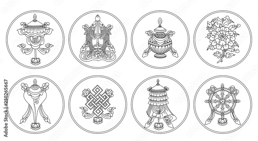Ashtamangala. Eight auspicious symbols of Buddhism Stock Vector | Adobe ...