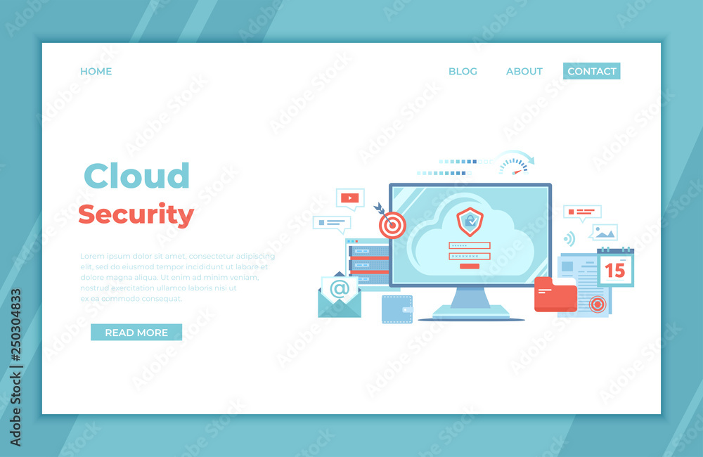 Vektor Cloud Security, Cloud Computing, Data Protecting, Secure data exchange. Monitor screen ...
