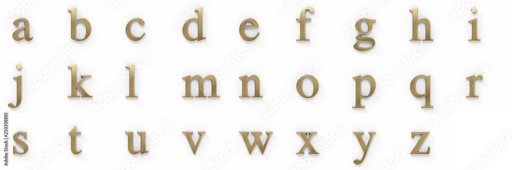 Lowercase letters, gold metallic with serif, ultra resolution, white ...