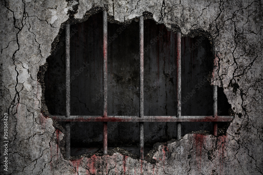 Bloody background scary damaged grungy crack and broken concrete wall ...