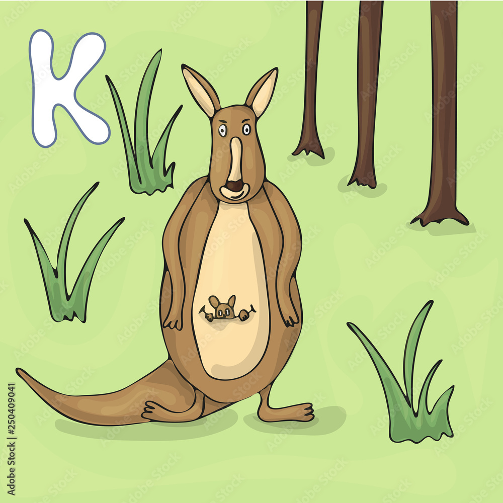 Illustrated alphabet letter K and Kangaroo. ABC book image vector ...