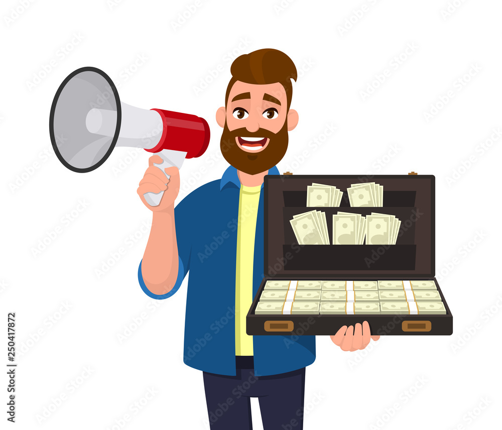 Successful man holding a megaphone or loudspeaker and showing bag ...