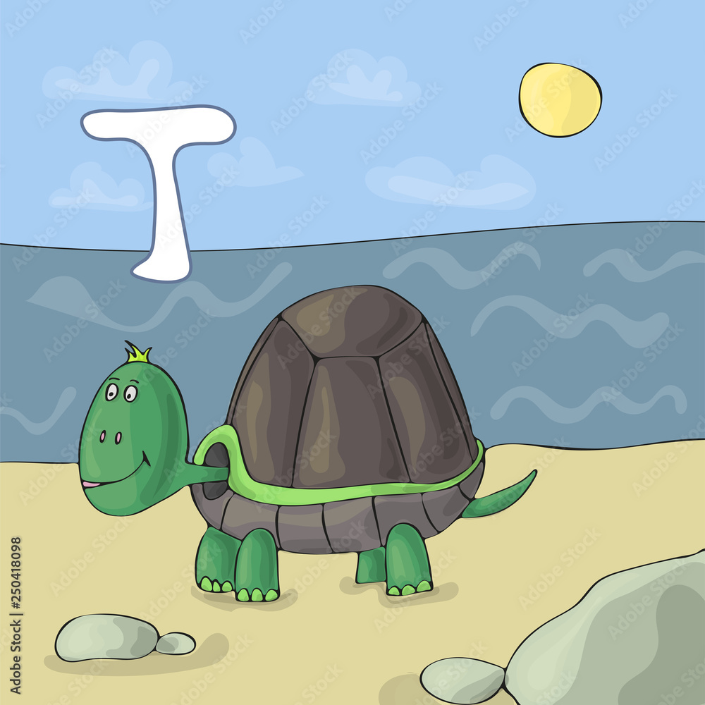 Illustrated alphabet letter T and Turtle. ABC book image vector cartoon ...