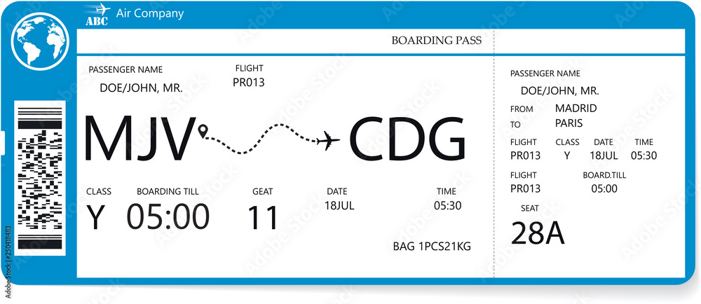 Realistic airline ticket design with not real passenger name. Variant ...