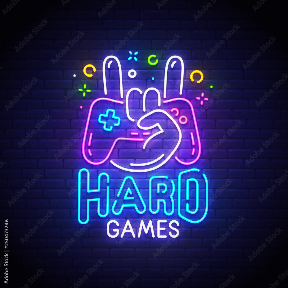 Hard Games neon sign, bright signboard, light banner. Game logo neon ...