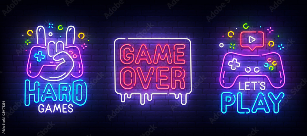 Big set neon sing. Game room label and logo. Gamer banner, emblem and ...