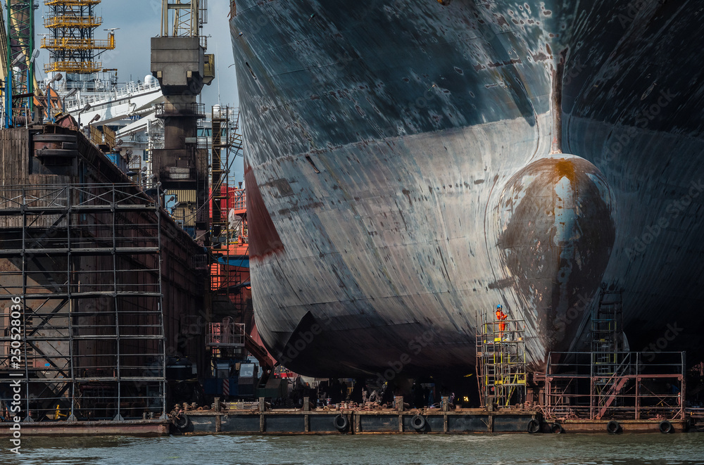 Gdansk shipyard with monumental bow of cargo ship. Stock Photo | Adobe ...