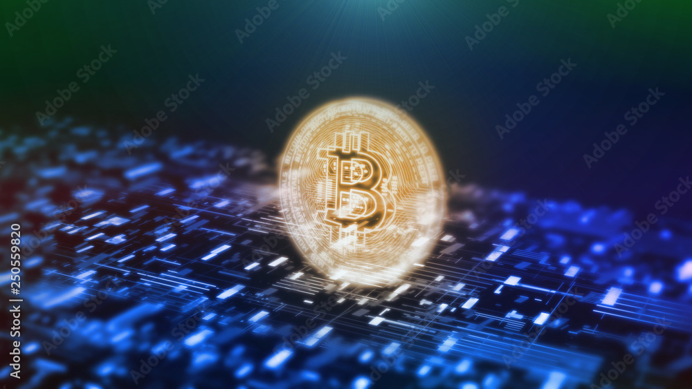 3D Rendering of futuristic modern glowing Bitcoin (BTC) led logo ...