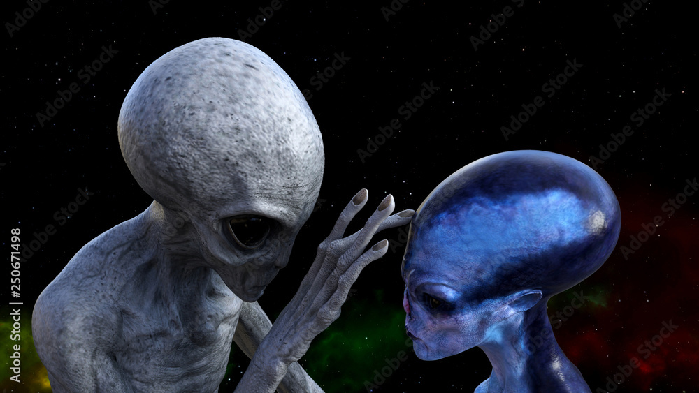 Illustration of a gray alien touching the forehead of a blue ...