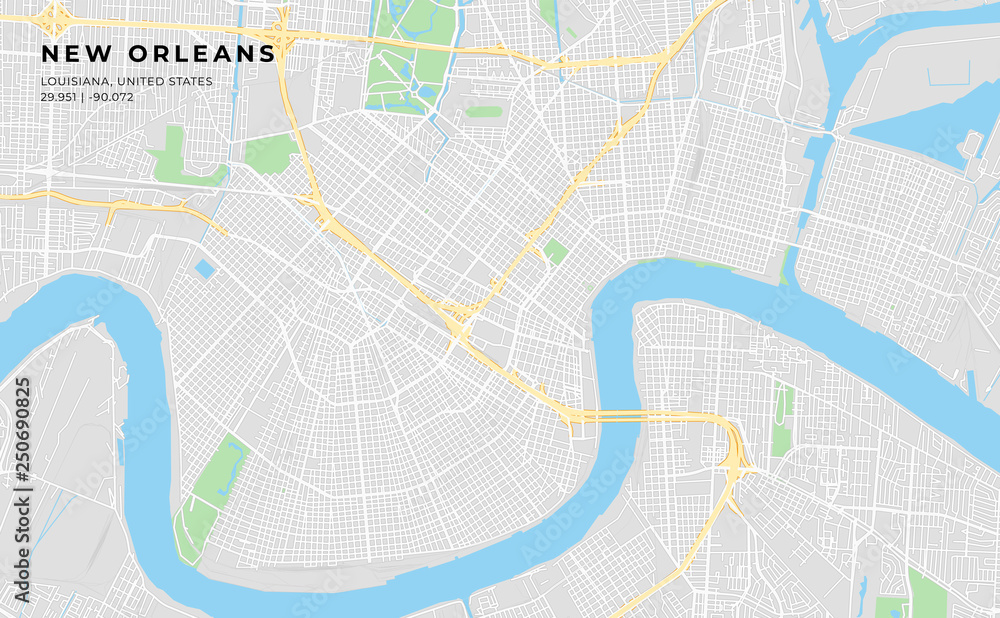 Printable street map of New Orleans, Louisiana Stock Vector | Adobe Stock