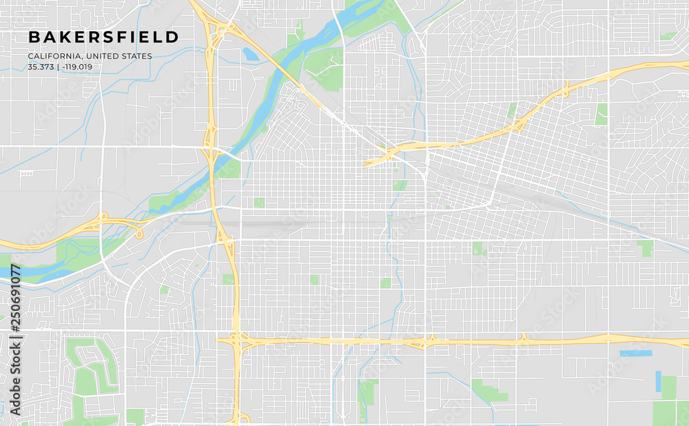 Printable street map of Bakersfield, California Stock Vector | Adobe Stock