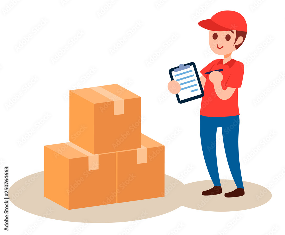 delivery man check orders.flat vector illustration isolated on white ...