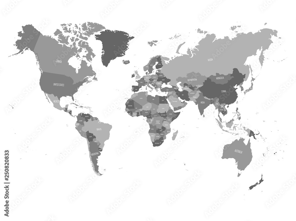 World map in four shades of grey on white background. High detail ...