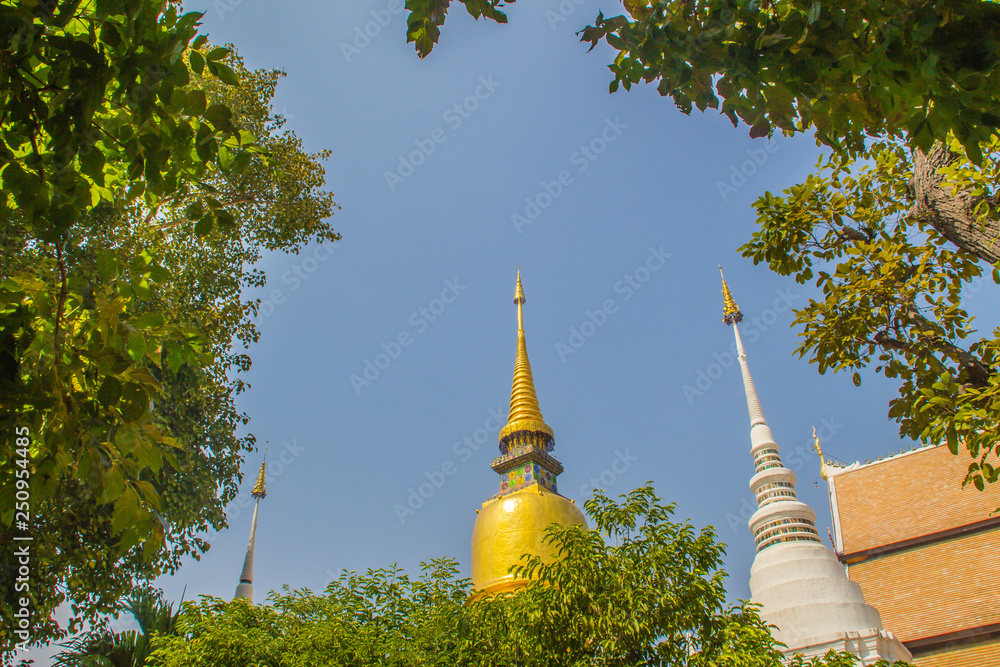 Beautiful golden and white pagodas in Sri Lankan style at Wat Suan Dok ...