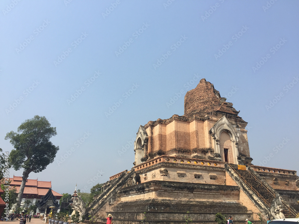 Old massive ruins pagoda of Wat Chedi Luang (temple of the big royal ...