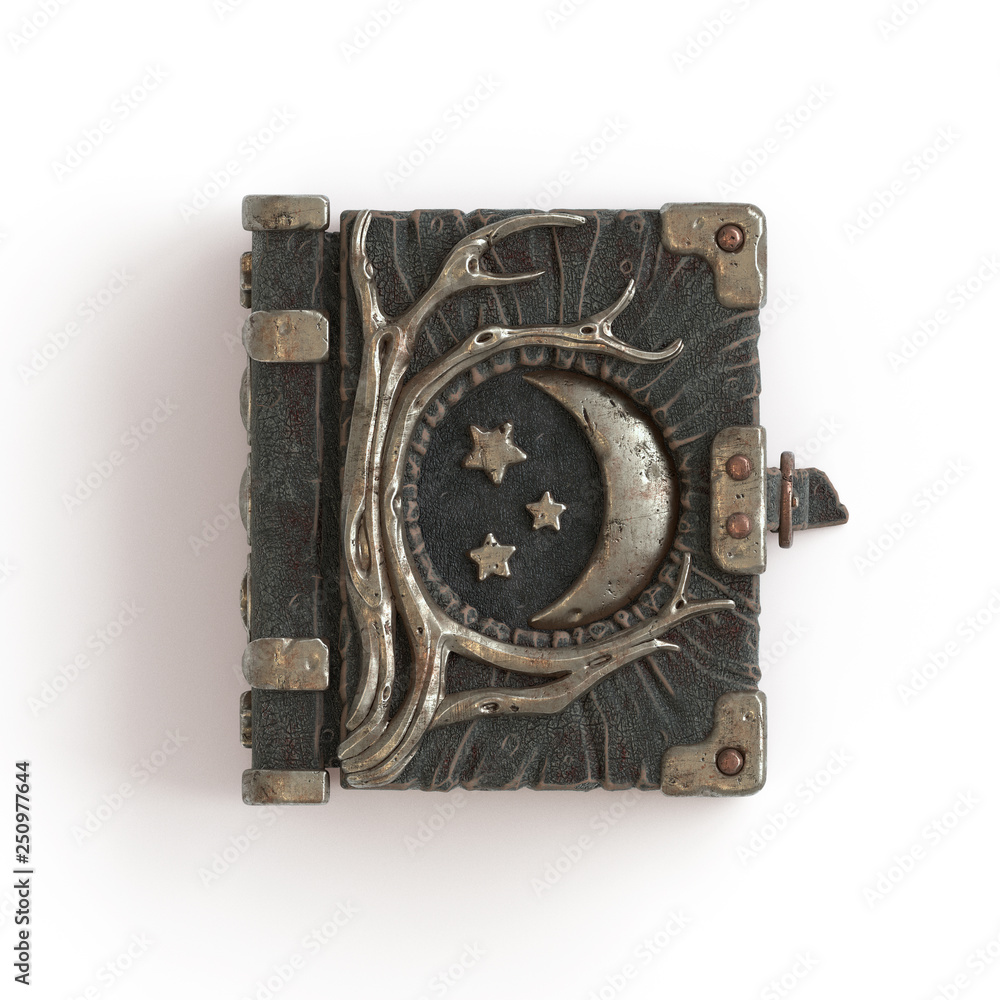 3d illustration of a dark leather grimoire. Vintage old magic book ...