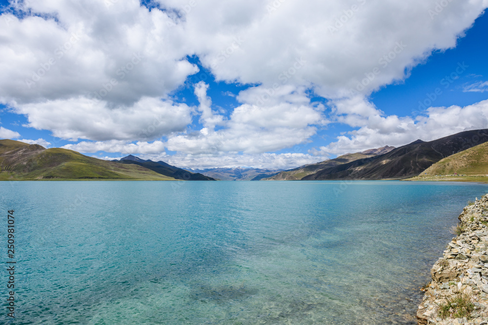 View of Yamdrok Lake (also known as Yamdrok Yumtso or Yamzho Yumco), it is a freshwater lake ...