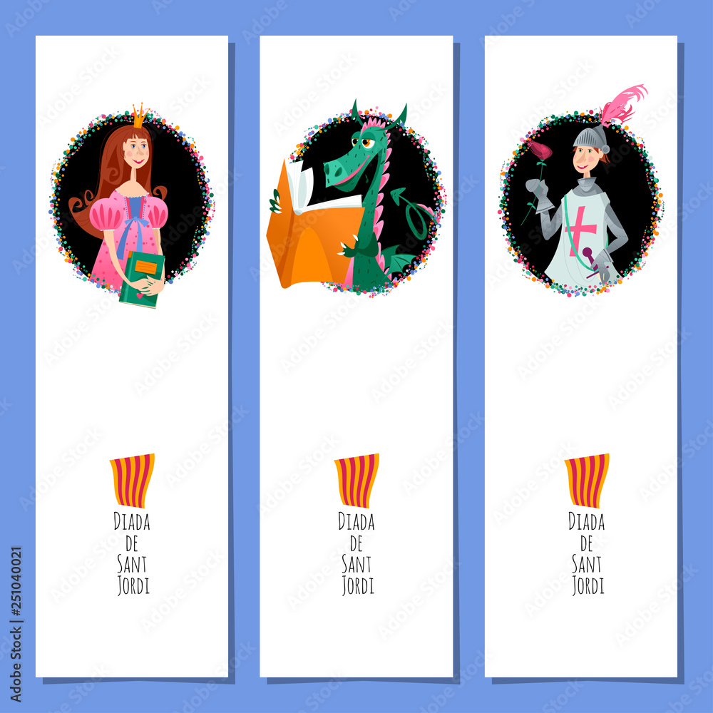 Set of universal bookmarks with princess, knight and dragons. Diada de ...