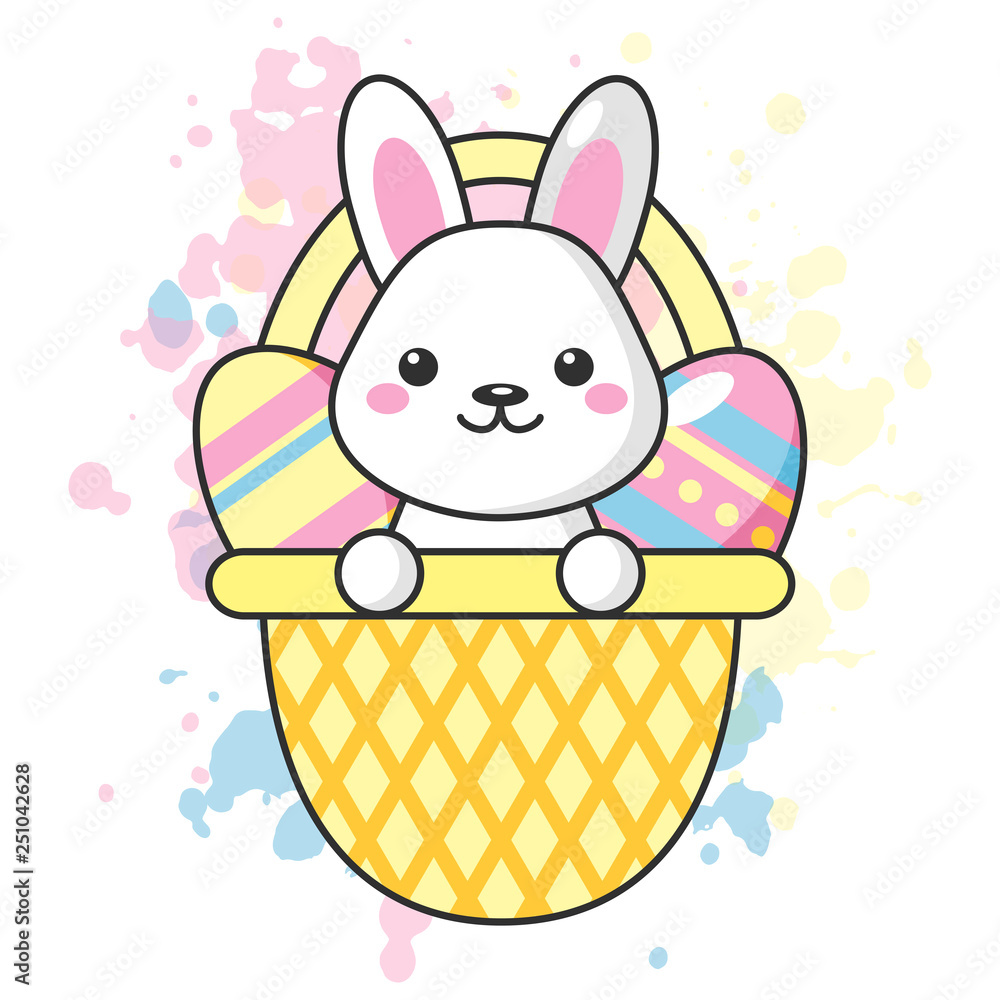 Cute kawaii Easter bunny cartoon character in basket with easter eggs ...