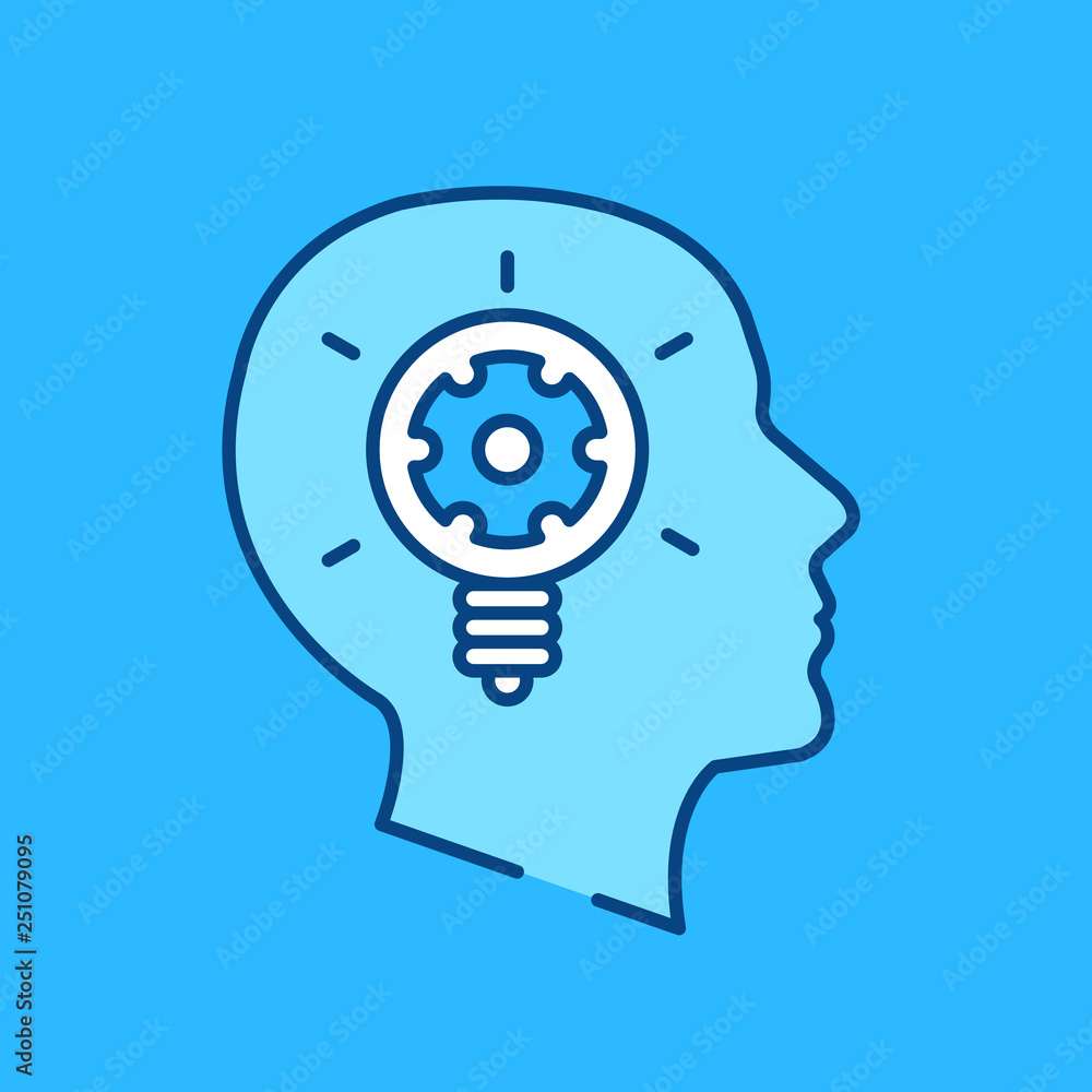 Human head with lightbulb and cog. Man face silhouette with light bulb ...
