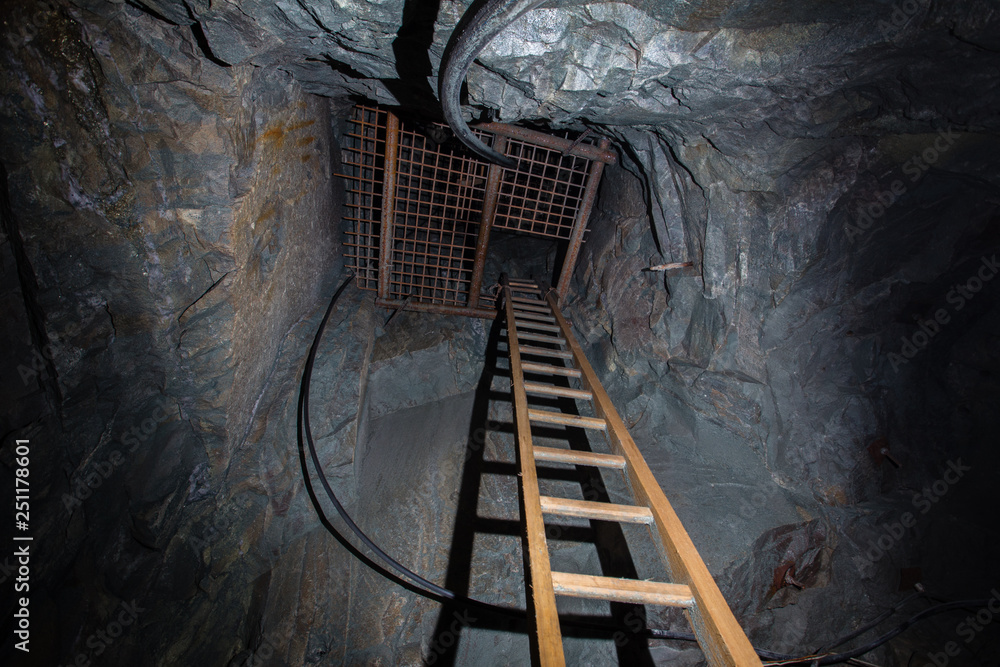 Underground gold ore mine shaft tunnel gallery passage with load, haul ...