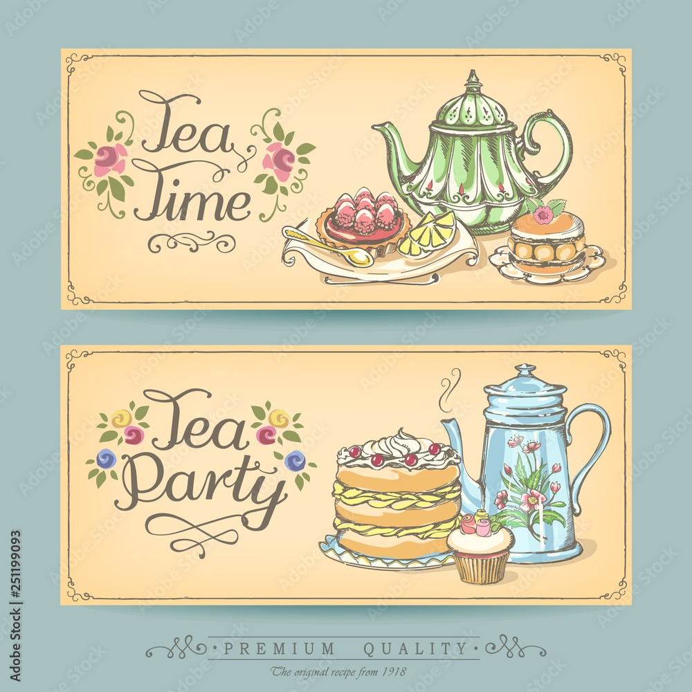 Card collection of hand-drawn cakes. Vintage posters of bakery sweet ...