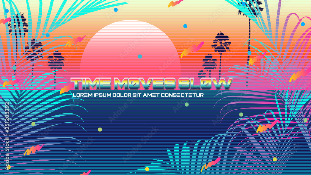 tropical VHS surreal sunset background Stock Vector | Adobe Stock