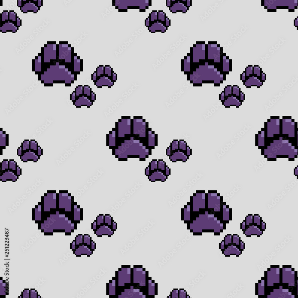 Paw print seamless pattern. Vector background. Pixel art style. 8bit ...