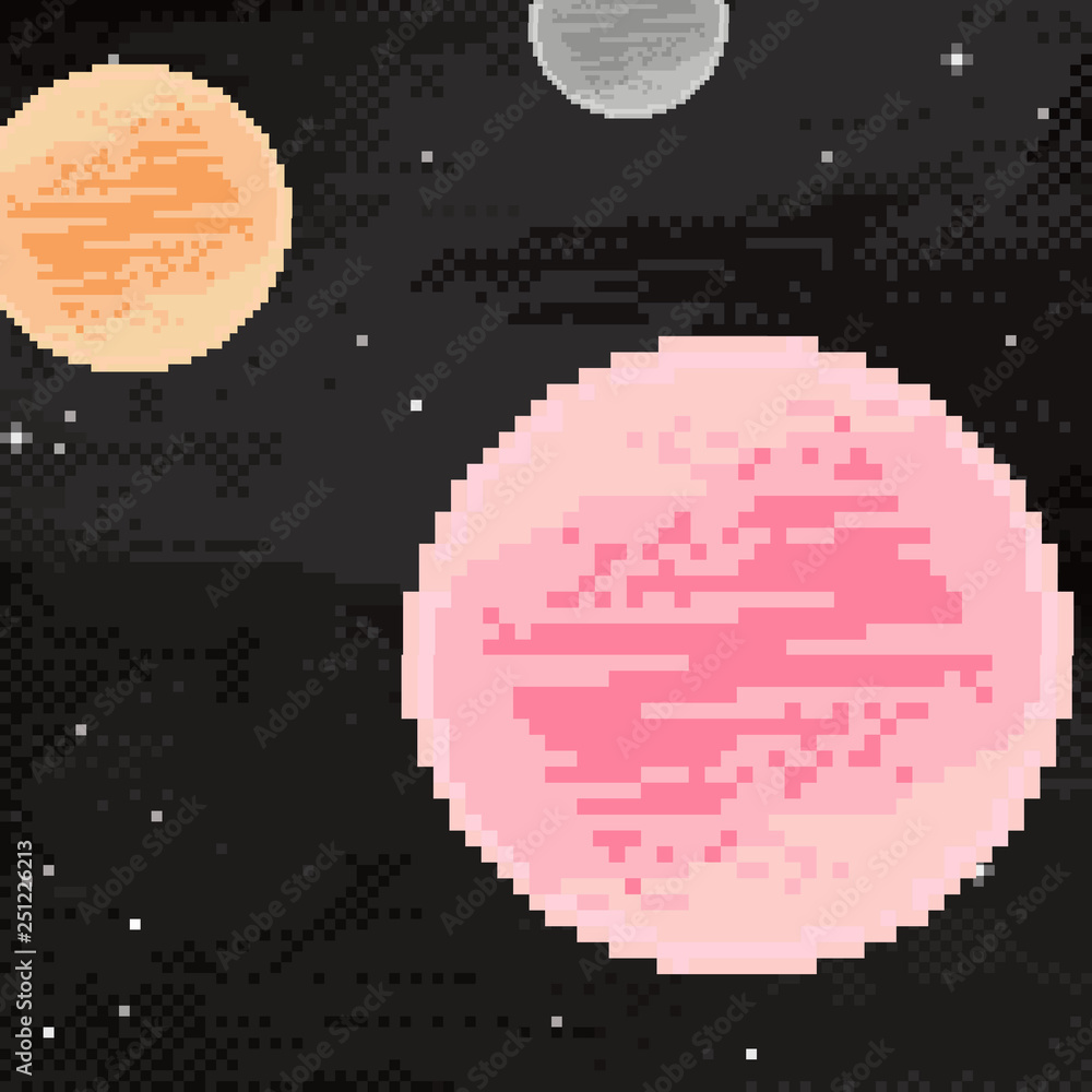 Vector of starry sky in retro pixel art style. Planet, Jupiter ...