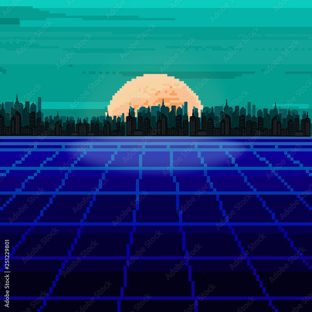 Vector of pixel city. Pixel art background. Pixel sunrise or sunset ...