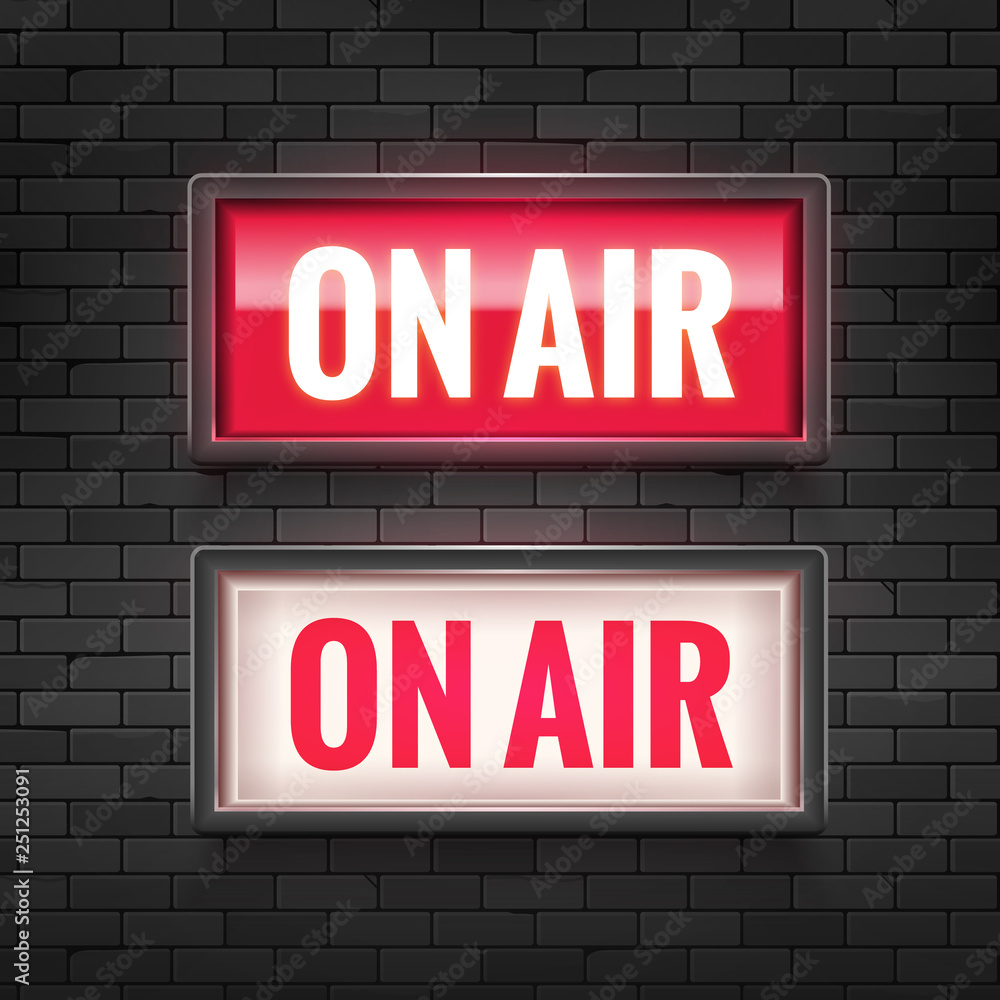 ON AIR studio light sign. Media broadcasting warning sign. Live board ...