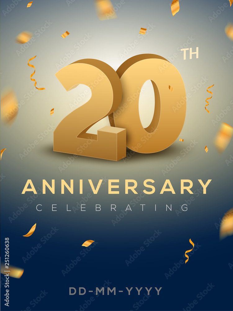 20 Anniversary gold numbers with golden confetti. Celebration 20th ...
