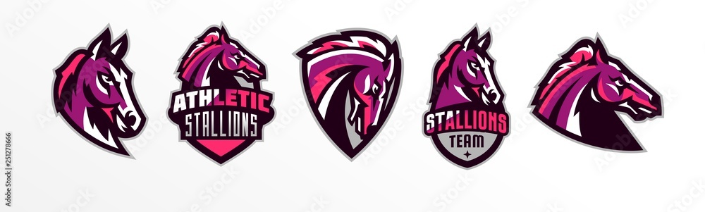 Set of horses logos. Sports logos of horses, racing stallions. Shield ...
