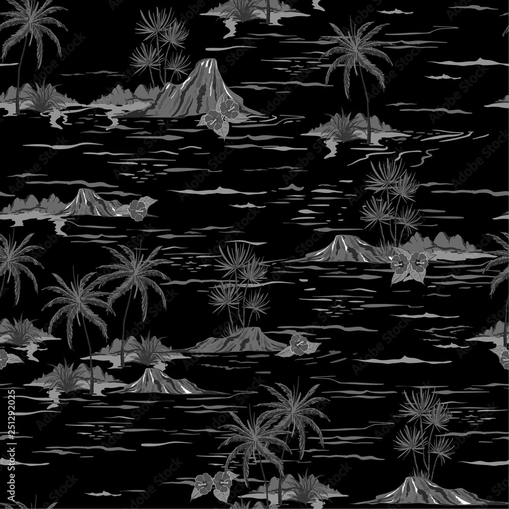 Monotone black and white seamless island pattern Landscape with palm ...