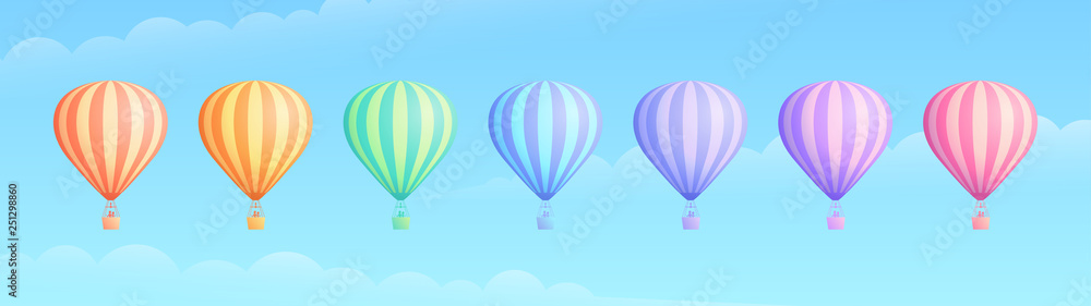Hot air balloon travel adventure vector illustration set. White cloud ...