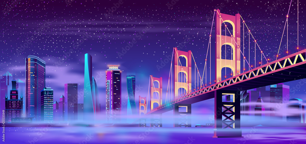 Vector big hinged bridge and mist on the water. Modern megapolis on river, fog. Night ...
