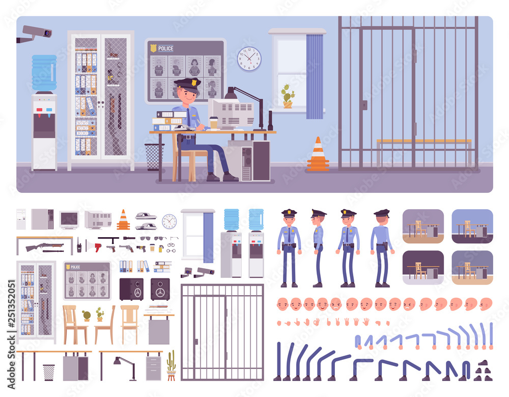 Police station office interior creation kit with policeman, officer at ...
