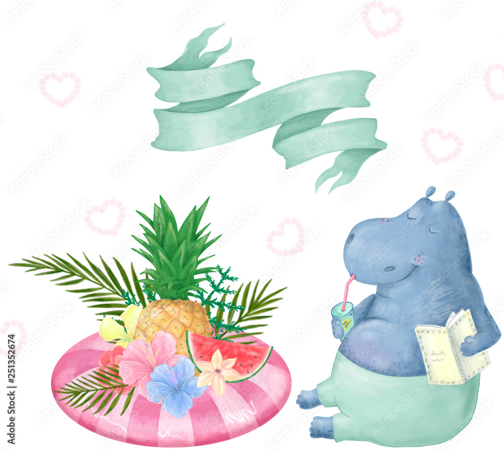 Hippo Cute Clip art animal Character hippopotamus digital drawing color ...