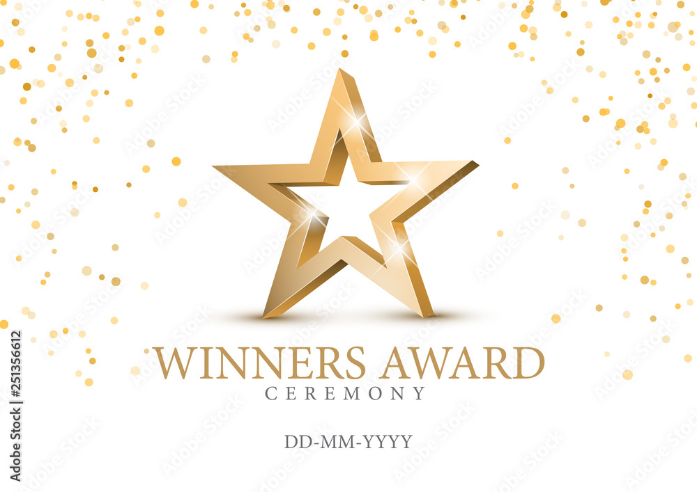 Winner award. gold star 3d symbol. Poster template for event party ...