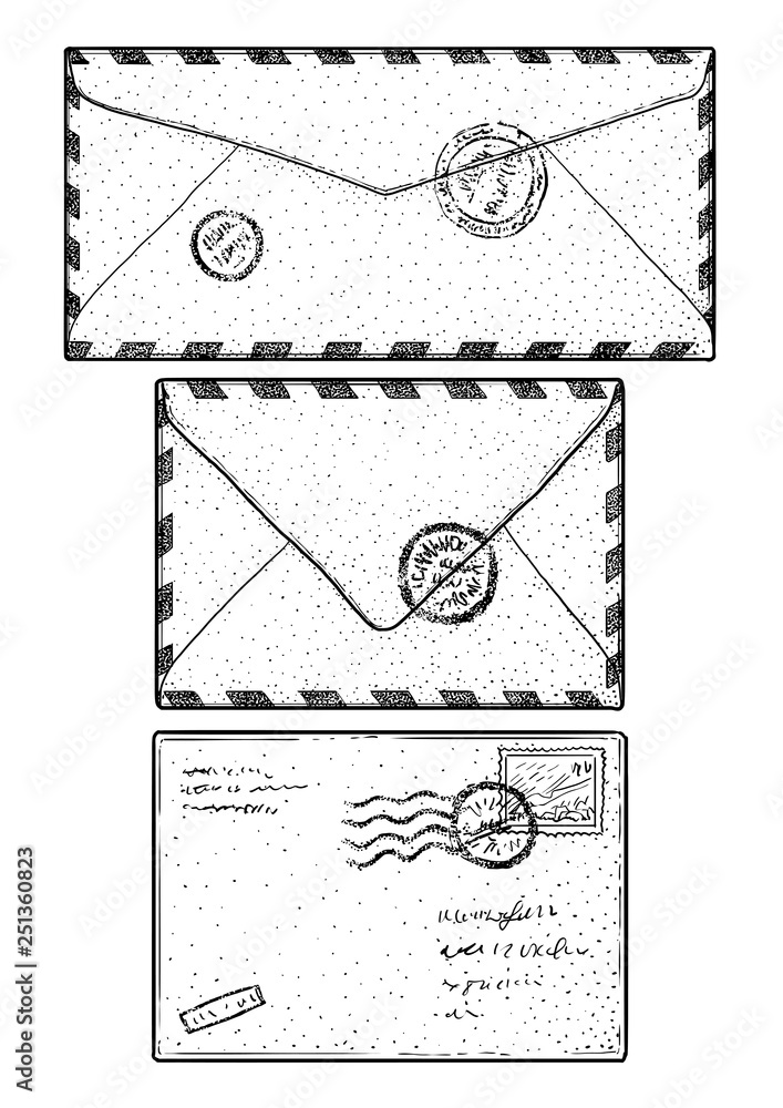 Envelope illustration, drawing, engraving, ink, line art, vector Stock ...