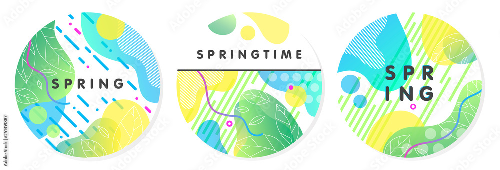 Set of unique spring stikers with bright gradient backgrounds,tiny ...