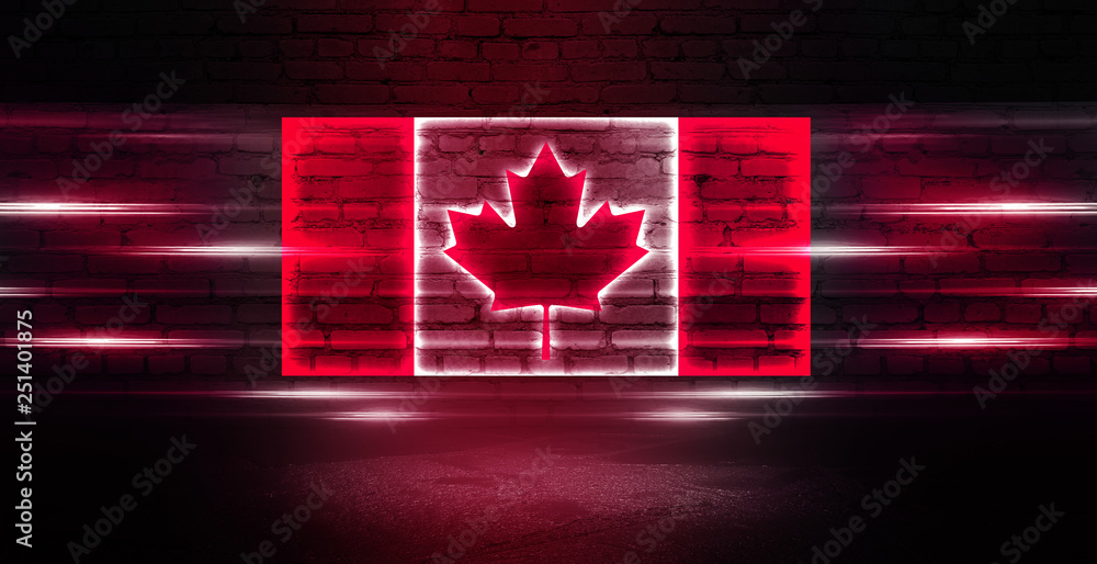 Canada neon flag on old brick wall background. Neon multicolored light ...