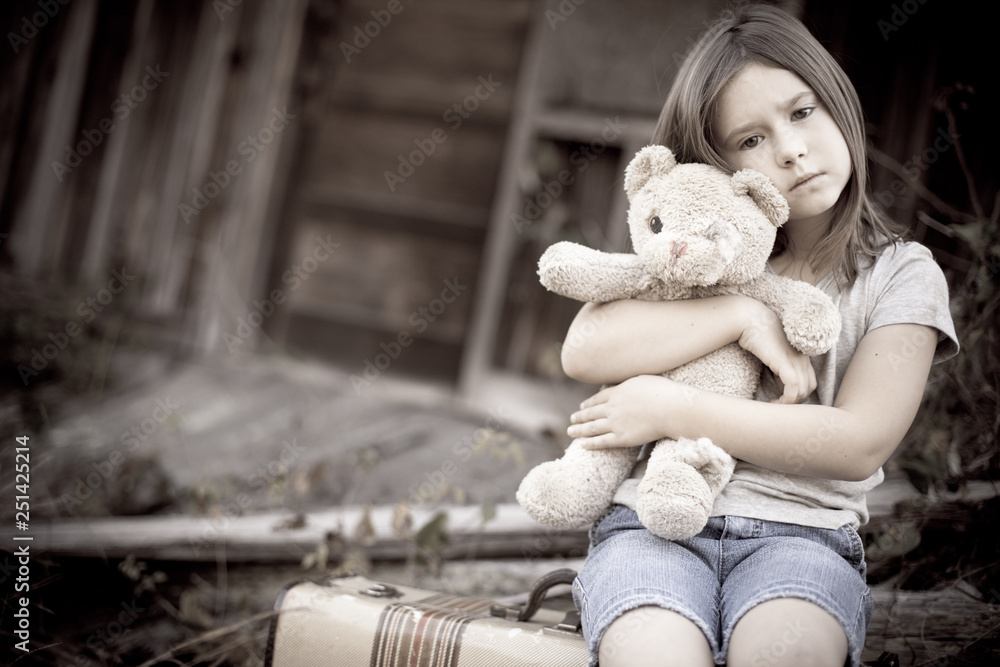 Little Girl with Ragged Teddybear and Suitcase - Poverty, Homelessness ...