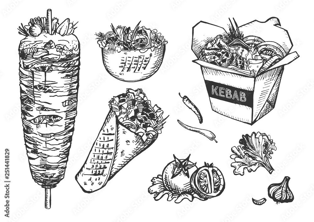 Collection of different kinds of kebab fast food Stock Vector | Adobe Stock